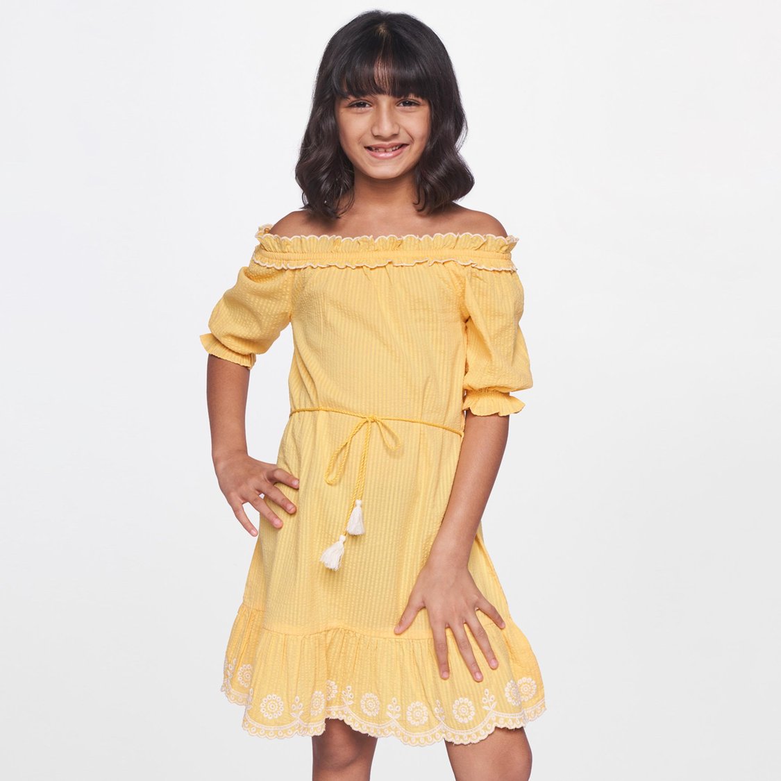 Buy GLOBAL DESI Girls Striped Off-Shoulder A-line Dress from Global ...