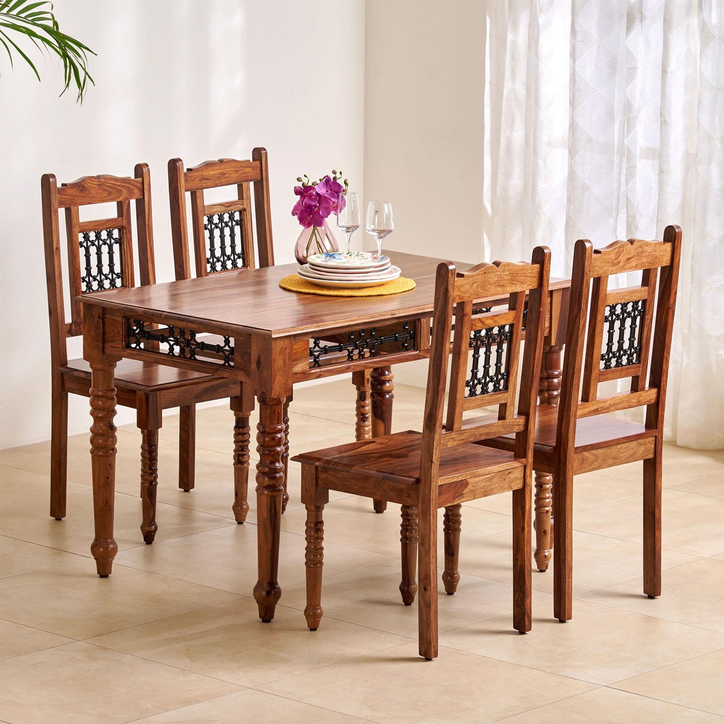 Buy Kian Sheesham Wood 4 Seater Dining Set with Chairs Brown from Home Centre at just INR 65829.0