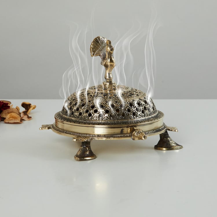 Buy Serenity Pooja Gold Brass Dhoop Dhuni With Peacock Accent from Home ...
