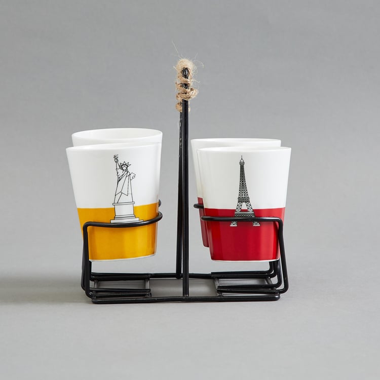 Buy Raisa City Scape Set of 4 Bone China Chai Cups with Stand - 140ml ...