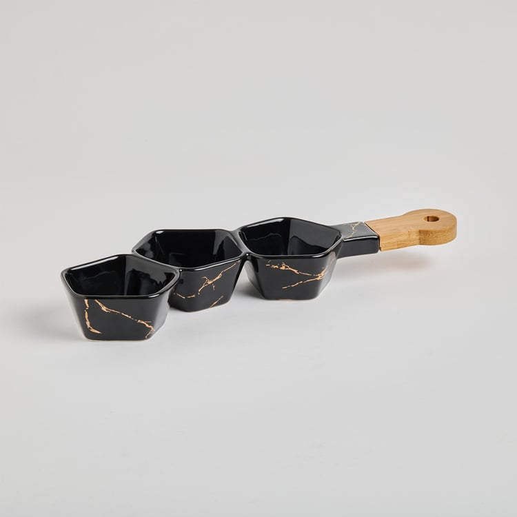 Buy Showstopper Troup Stoneware Divided Triple Bowl with Wooden Handle ...