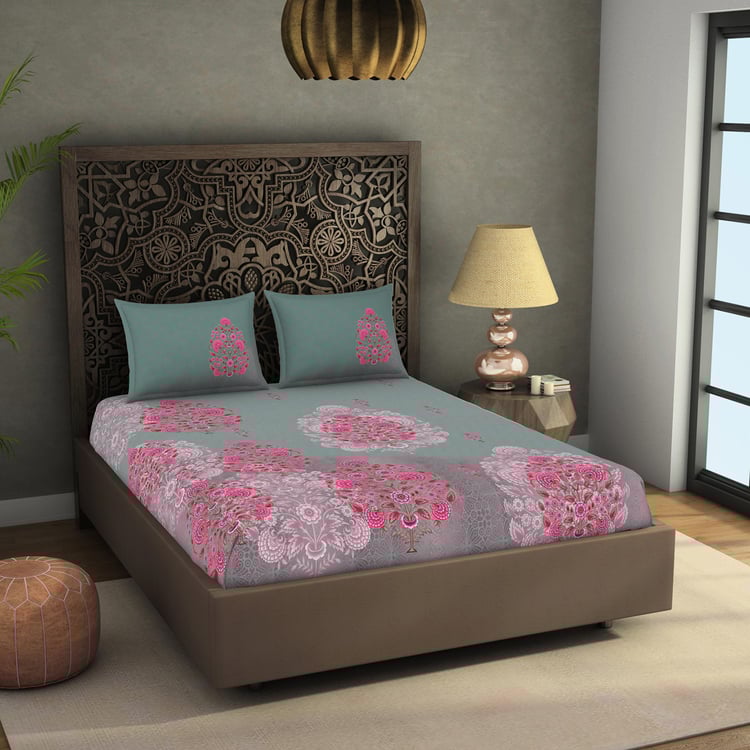 Buy SPACES Rangana Cotton 300TC Floral Print 3Pcs Super King Bedsheet ...