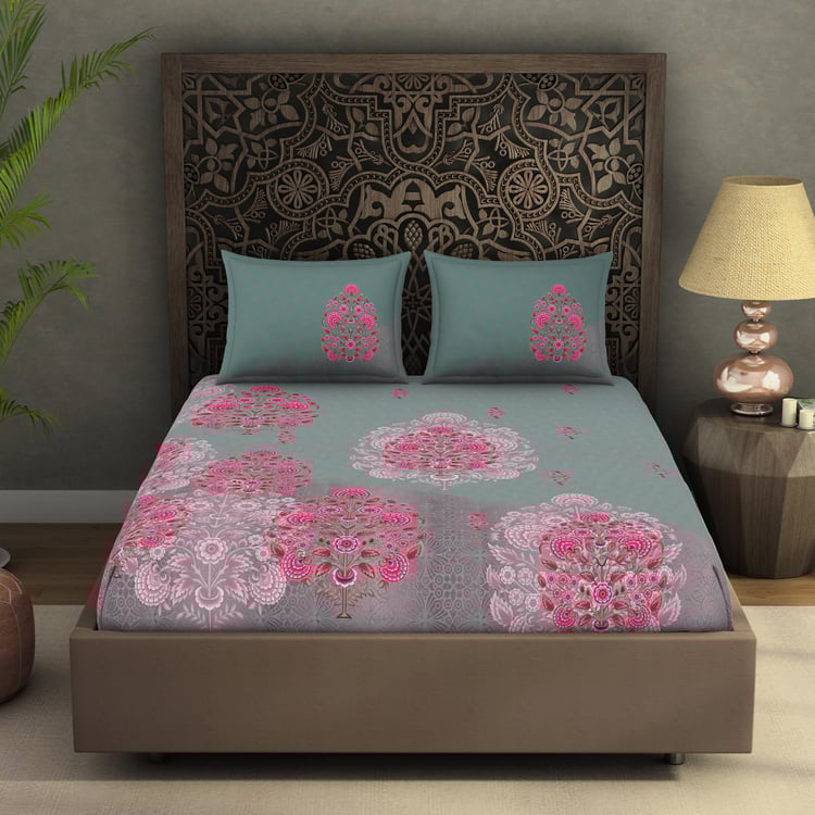 Buy SPACES Rangana Cotton 300TC Floral Print 3Pcs Super King Bedsheet ...