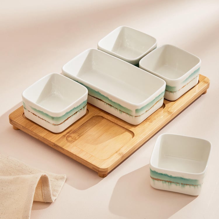 Buy Showstopper Set of 5 Porcelain Serving Bowls with Bamboo Stand from ...