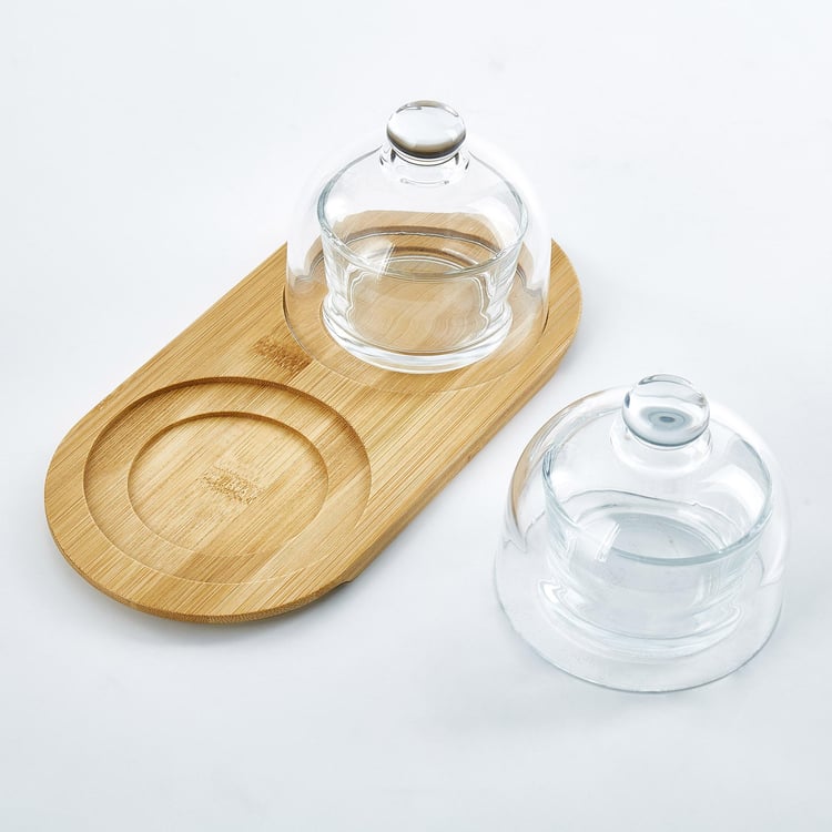 Buy Vamos Istana Set of 2 Glass Serveware Set with Bamboo Tray - 140ml ...