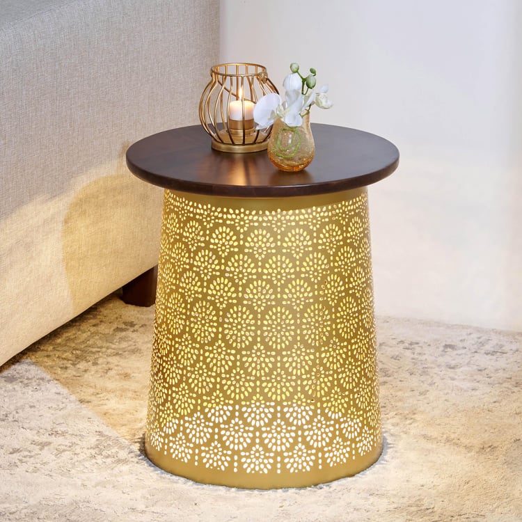 Buy Maya Aura Mango Wood Top End Table with Light - Brown and Gold from ...