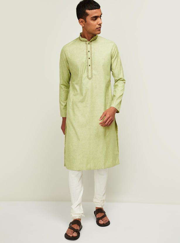 Buy MANYAVAR Men Embroidered Band Collar Kurta With Churidar from ...