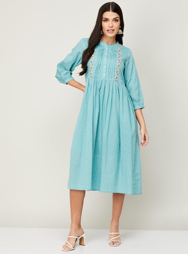 Buy COLOUR ME Women Embroidered Band Collar A-line Dress from Colour Me ...
