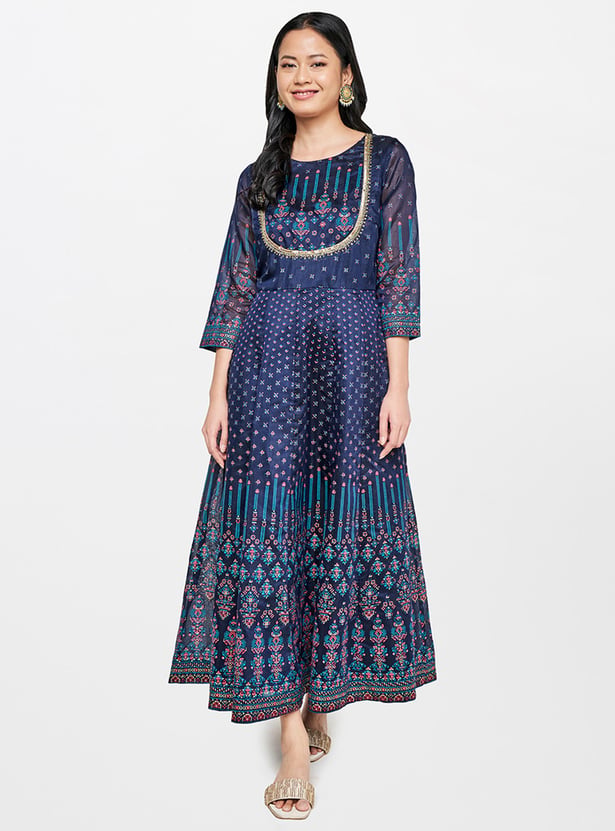 Buy GLOBAL DESI Women Embroidered Three-Quarter Sleeves Maxi Dress from ...