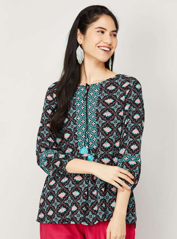 Buy GLOBAL DESI Women Printed Tie-Up Neck Tunic from Global Desi at ...