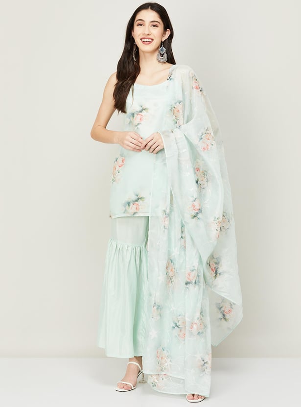 Buy LIBAS Women Floral Print Kurti With Solid Sharara Pants And Dupatta ...