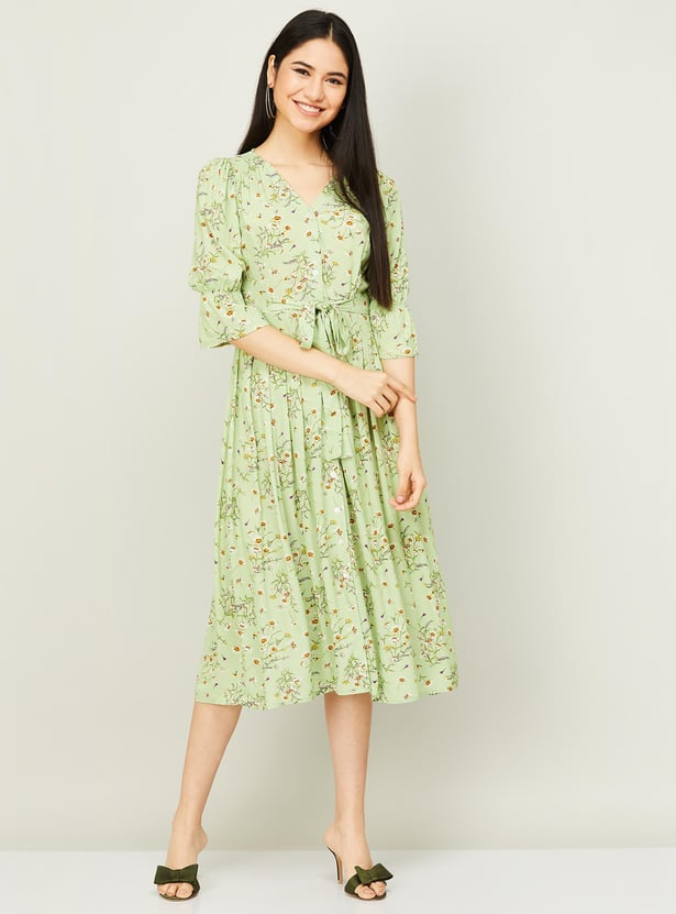 Buy CODE Women Printed V Neck A-Line Dress from CODE at just INR 2999.0