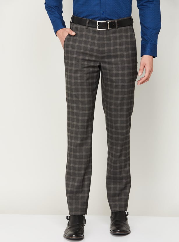 Buy CODE Men Checked Full-Length Slim Tapered Formal Trousers from CODE ...