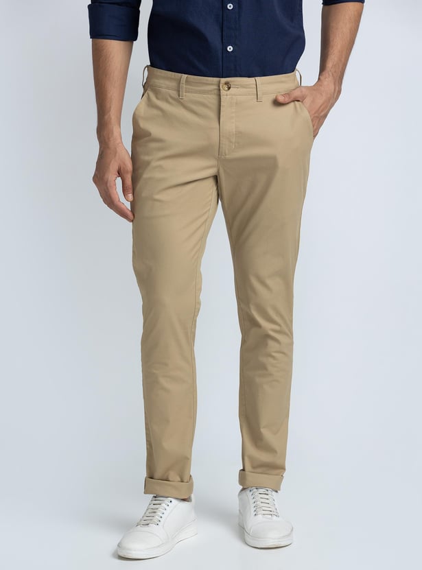 Buy COLORPLUS Men Solid Slim Straight Fit Smart Casual Trousers from ...