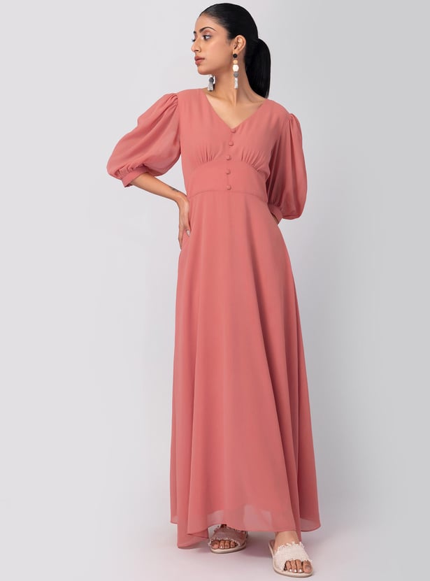 Buy FABALLEY Women Solid Puffed Sleeve Maxi Dress from FabAlley at just ...