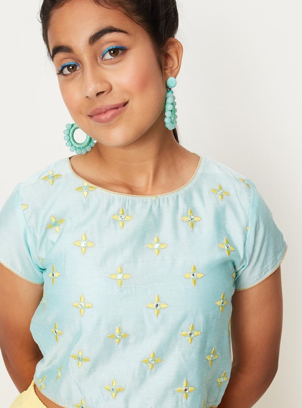 Buy Girls Embroidered Blouse with Layered Lehenga and Dupatta Online at ...