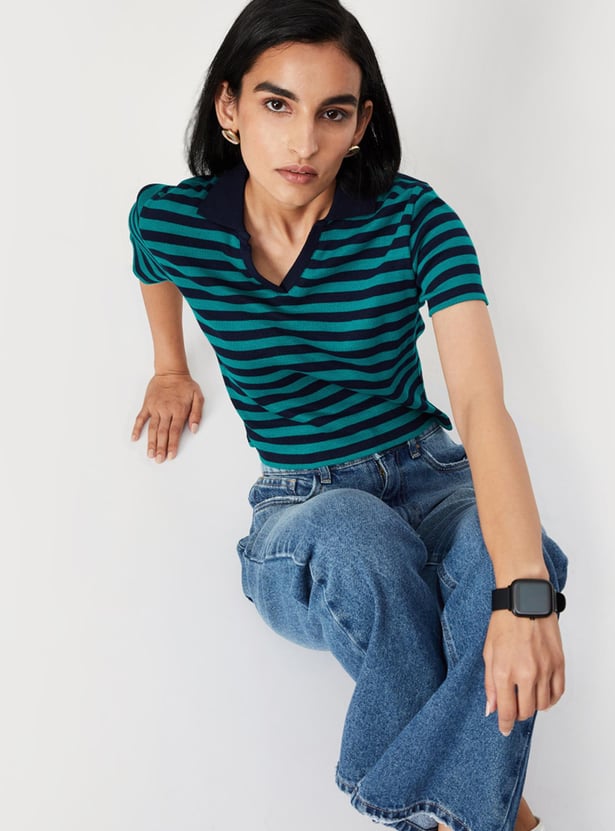Buy Women Striped Collared Half Sleeves Cropped T-shirt Online at just ...