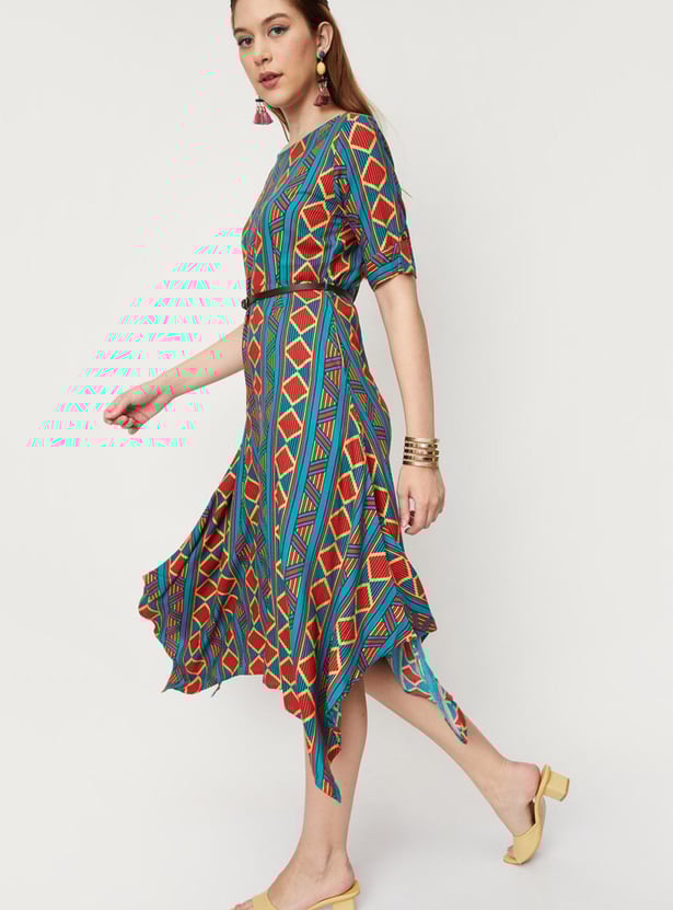 Buy Women Printed Belted Waterfall Hem Dress Online at just Rs. 999.0 ...