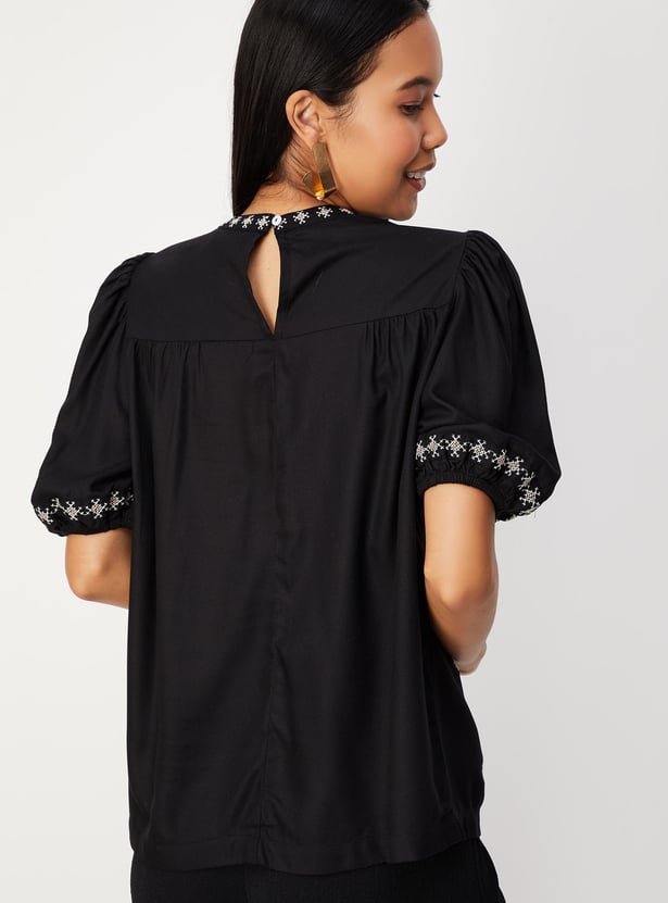 Buy Women Embroidered Puffed Sleeves Top Online at just Rs. 899.0 ...