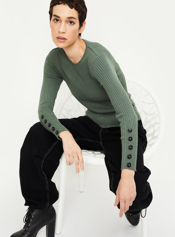 Buy Women Ribbed Jumper with Buttons Online at just Rs. 999.0 ...